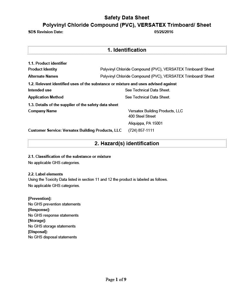 Versatex Safety Data Sheet – DeckMart Building Supplies